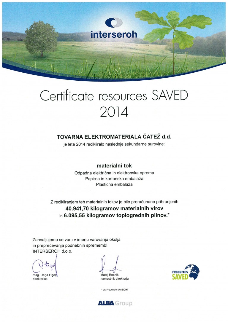 TEM certifikat Interseroh - TEM Čatež d. o. o.